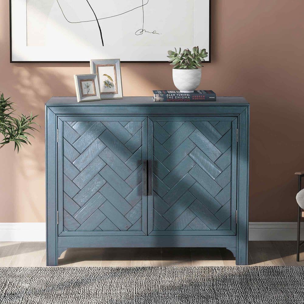 Polibi Antique Blue Wood 40 in. Sideboards with 4 Doors, Adjustable ...