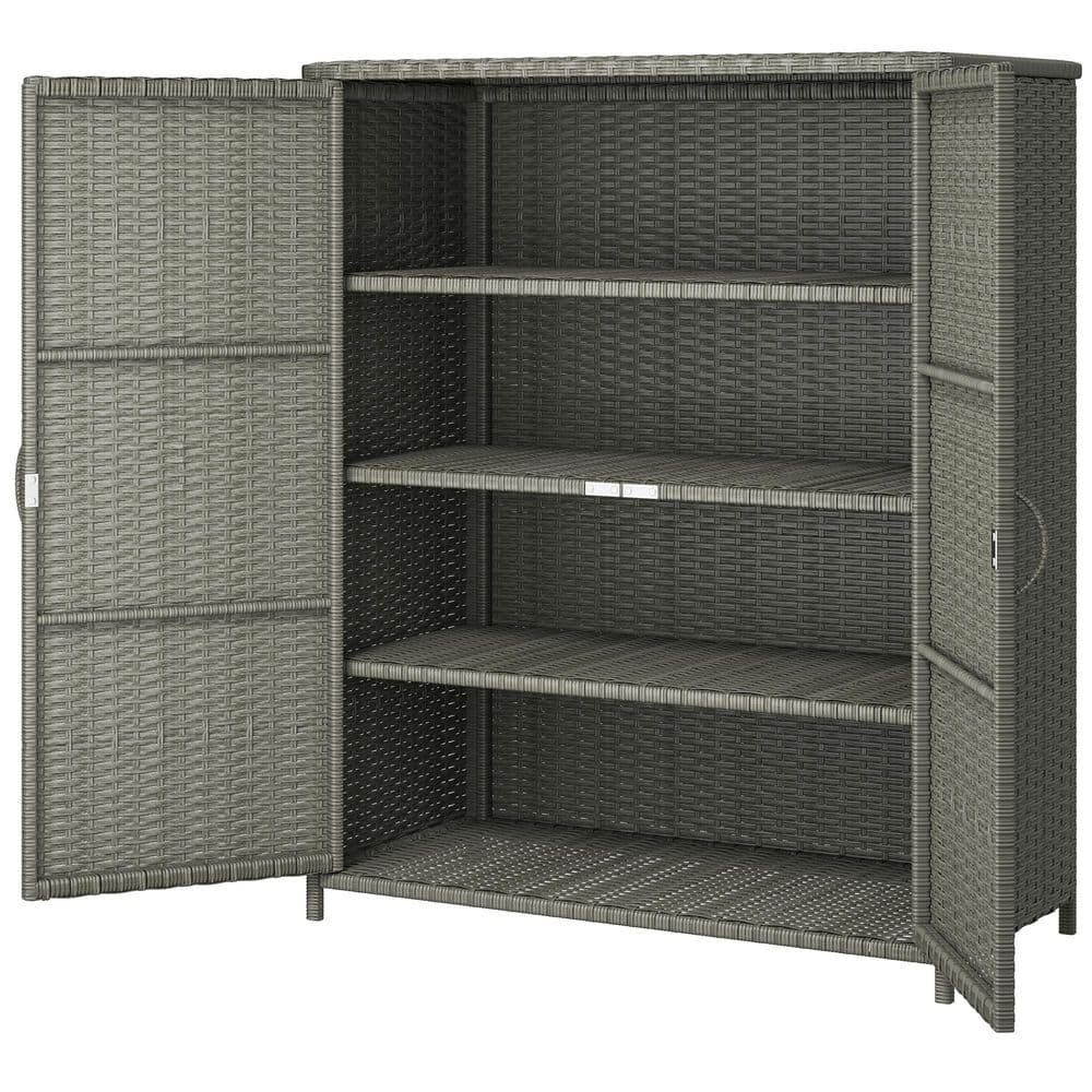 Outsunny 33 in. W x 16 in. D x 40 in. H Dark Gray Wicker Outdoor Storage Cabinet with Shelves, 4 ...