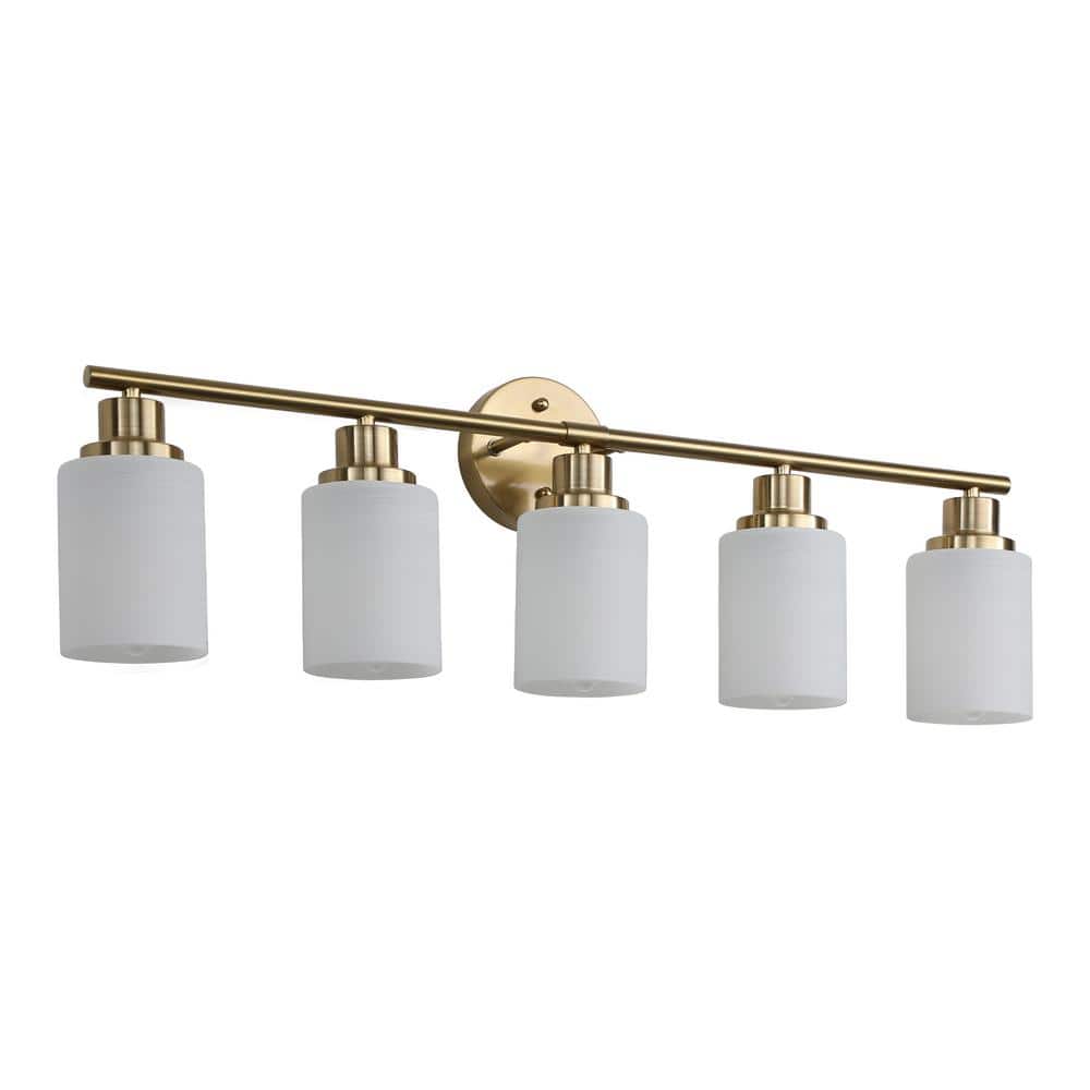 Sunpez 31.5 in. W 5-Light Golden Bathroom Vanity Light Fixture, Frosted Glass Shades, E26, No ...