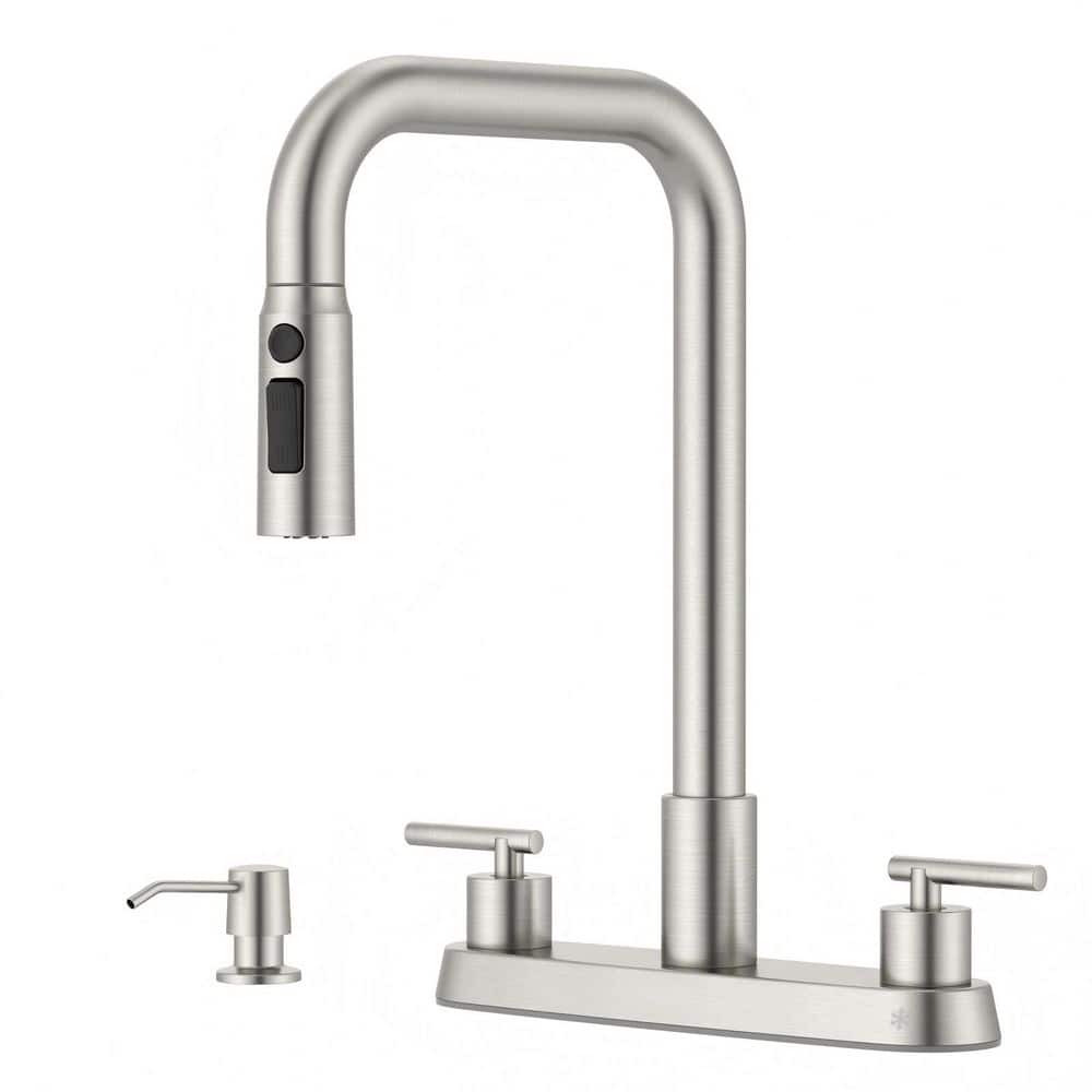 Numhew 4 Hole Kitchen Faucet in Brushed Nickel, 2 Handle with Pull Down ...