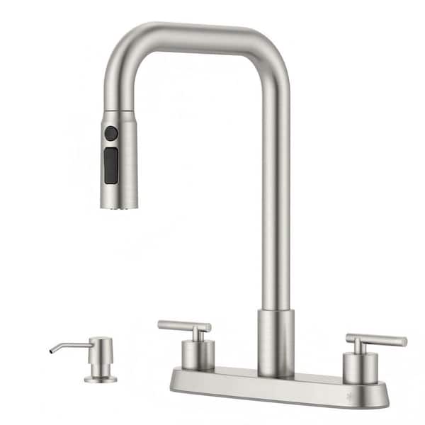 Numhew 4 Hole Kitchen Faucet in Brushed Nickel, 2 Handle with Pull Down ...