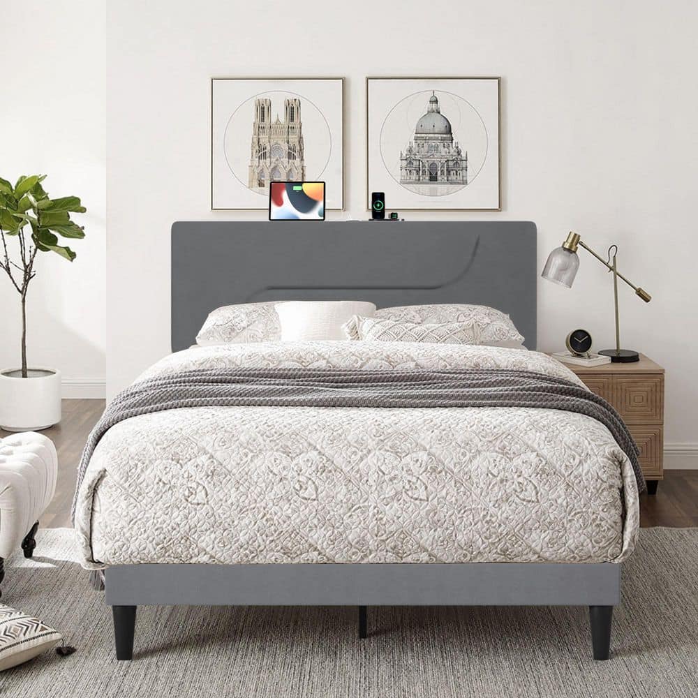 VECELO Upholstered Bed Frame with LED Lights, Velvet Headboard and ...
