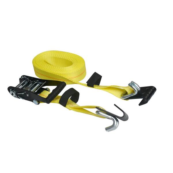 Workshop Equipment Heavy-Duty Ratchet Tie Down Strap 27 ft Flat Hook and J Hook Combo x 2 in C ...