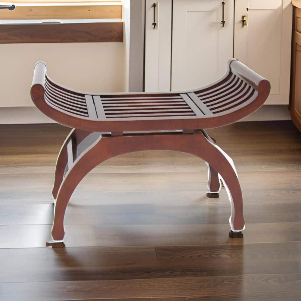 Benjara Brown Wood Mission Style Stool with Slatted Seating BM215616 ...