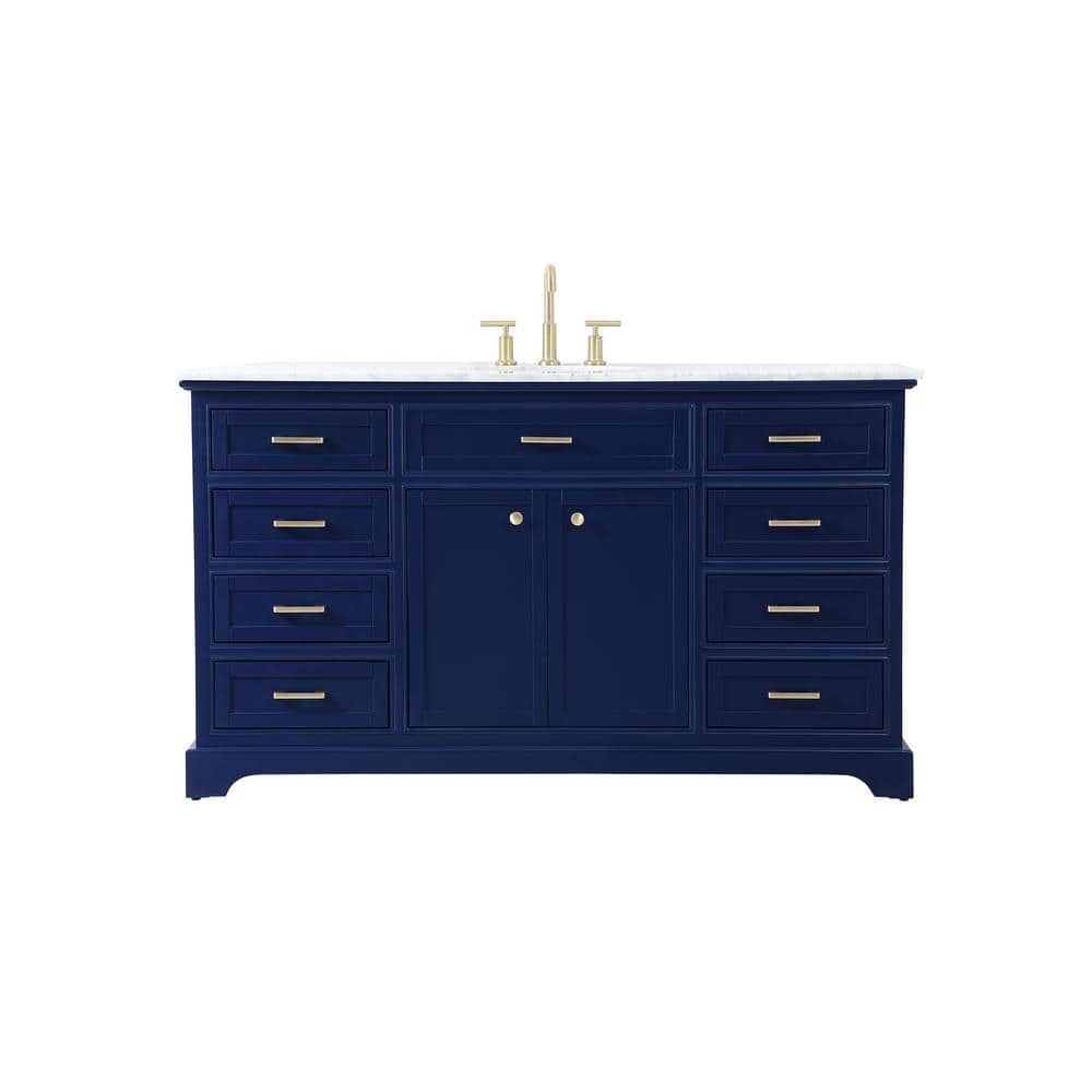 Timeless Home 60 in. W Single Bath Vanity in Blue with Marble Vanity ...