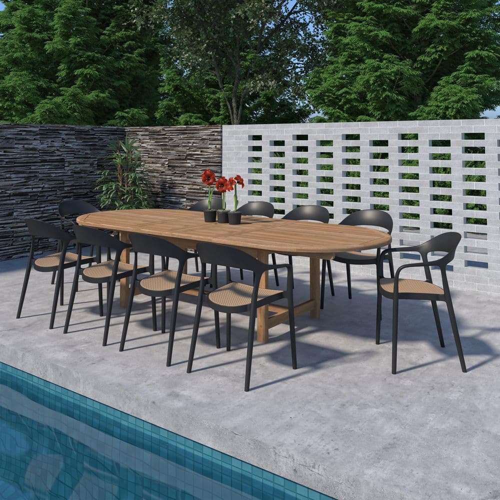 Amazonia Okuma 11-Piece Teak Wood 100% FSC Oval Patio Dining Set Black ...