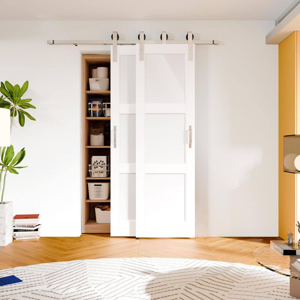 TENONER 48 in. x 80 in. 3 Panel Core White Primed Pine Wood Bypass Barn ...