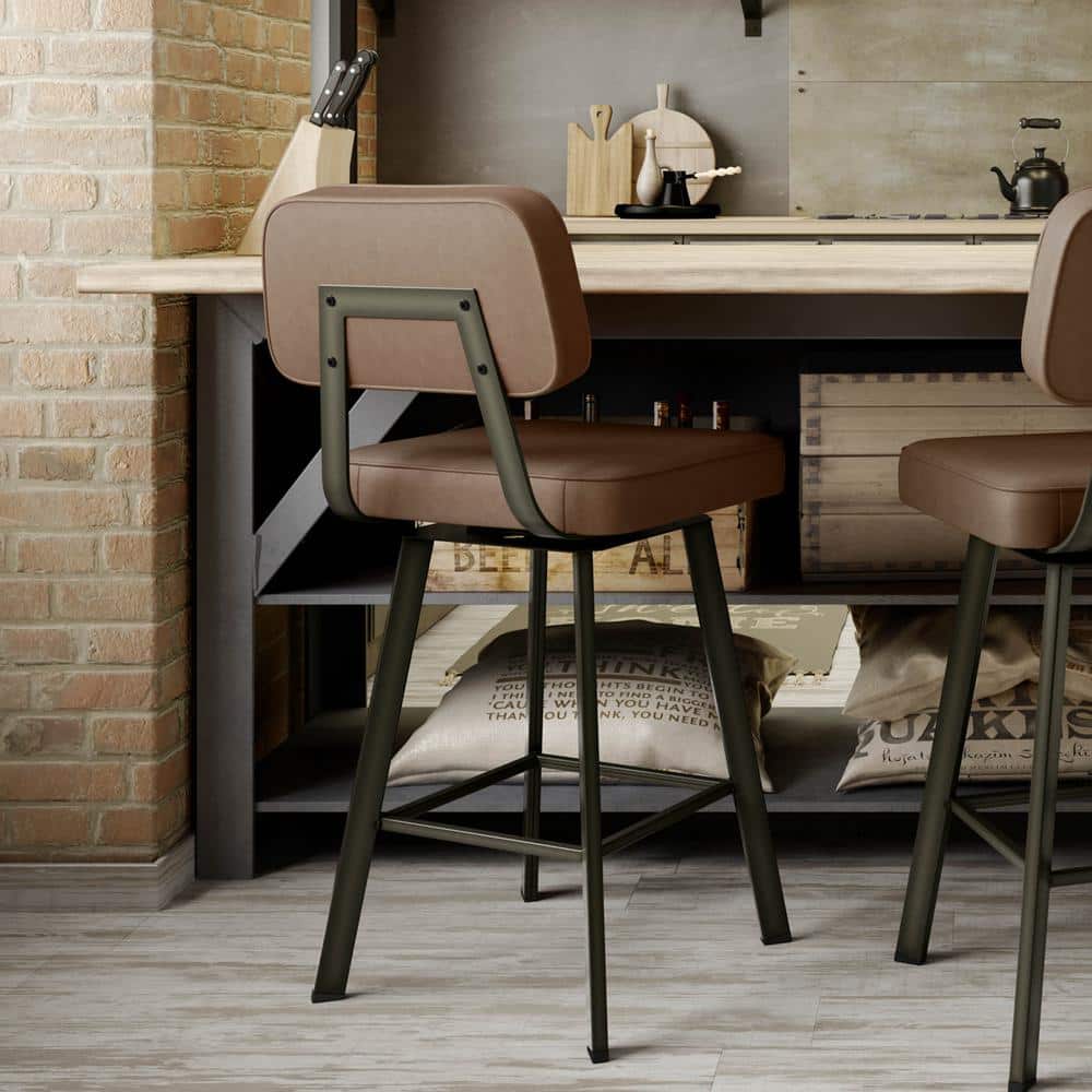 Amisco Clarkson 30 in. Brown Faux Leather / Gun Metal Swivel Bar Stool ...