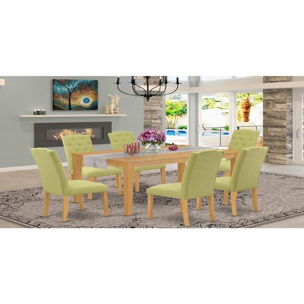 East West Furniture 7-Piece Rectangle Natural Oak Finish Solid Wood Top Dining Table with 6 ...