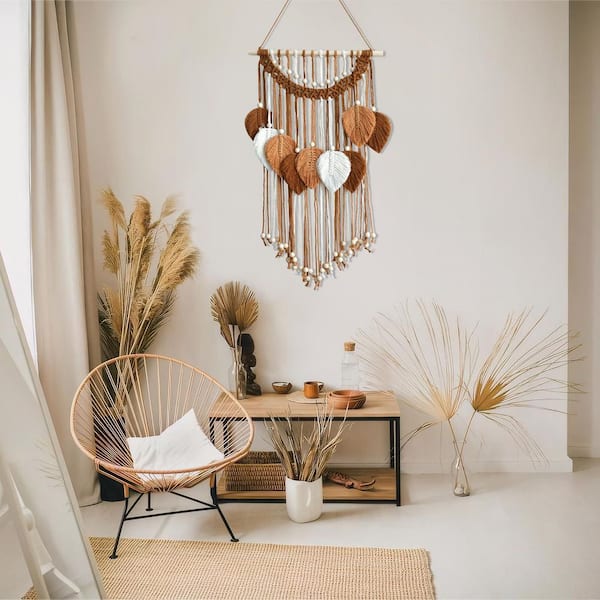 29 in. x 16 in. Brown Handmade Macrame Leaf Wall Tapestry-Boho Earthy ...