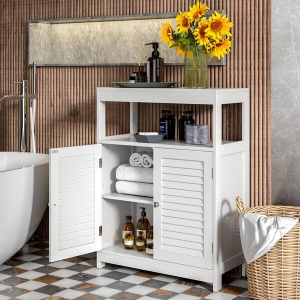 White Bathroom Floor Storage Cabinet with Double Door and Adjustable Shelf
