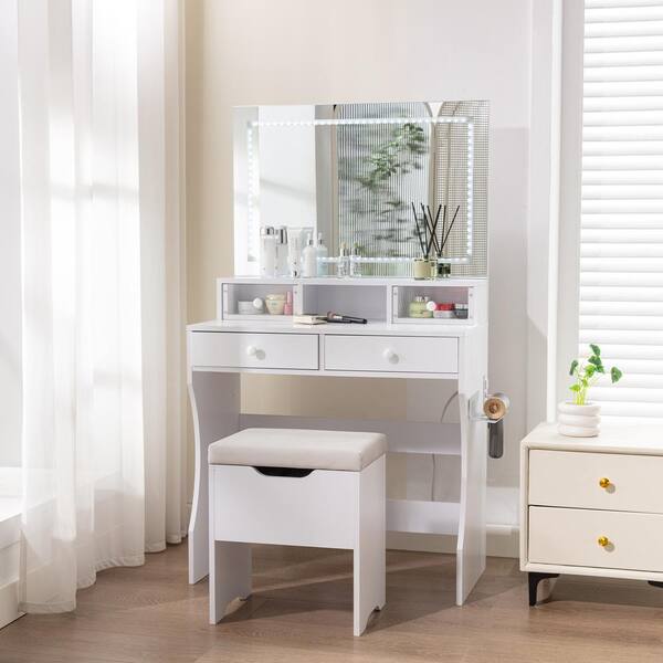VECELO Vanity Set with 4-Drawers, 2-Piece White Makeup Vanity Set with ...