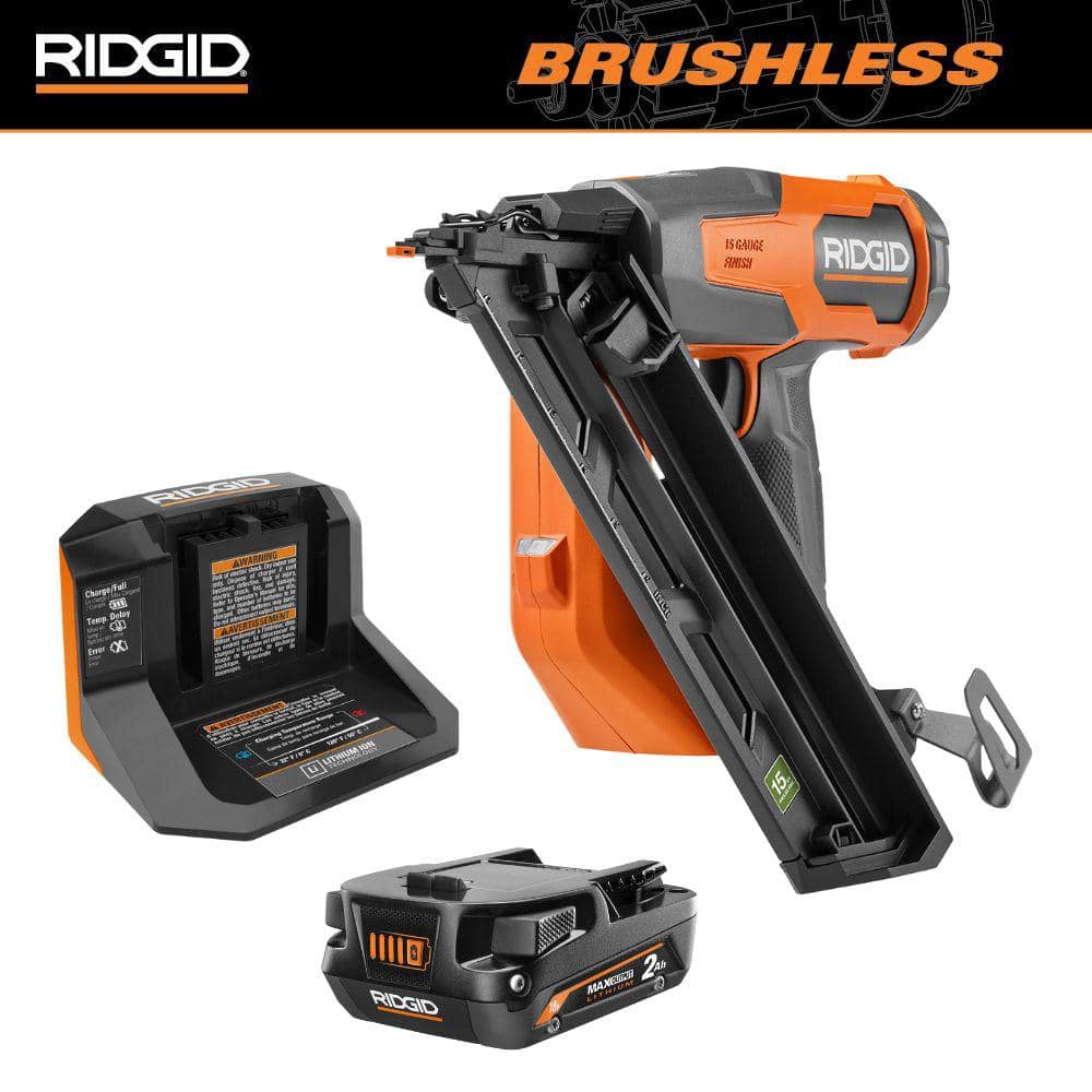 RIDGID 18V Brushless Cordless 15-Gauge Angled Finish Nailer Kit with 2.0Ah MAX Output Battery ...