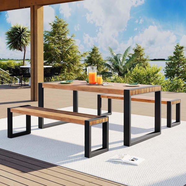 3-Piece Wood Outdoor Dining Set, Outdoor Picnic Table and Bench Set ...
