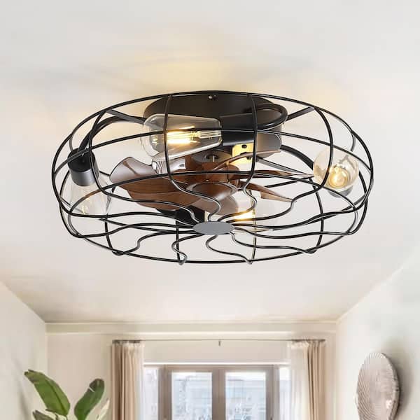 Breezary 19 in. Indoor Black Caged Ceiling Fan with Metal Light Kit and ...