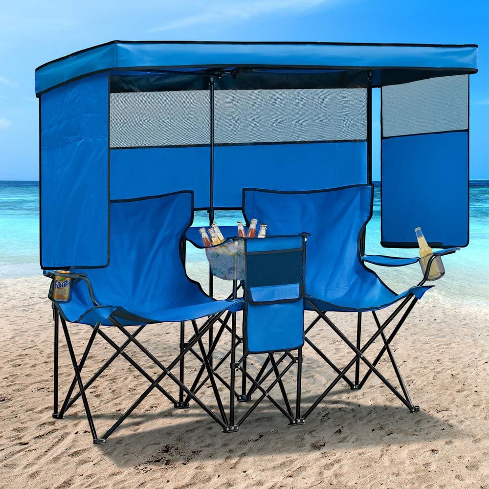 MOEPISY Blue Steel Frame Double Beach Chair Lawn Chair with Canopy ...