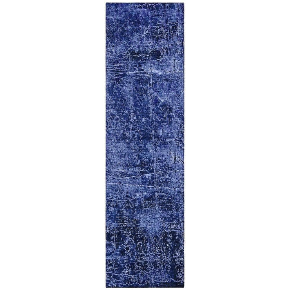 HomeRoots Navy Blue 2 ft. x 8 ft. Woven Abstract Runner Indoor/Outdoor ...