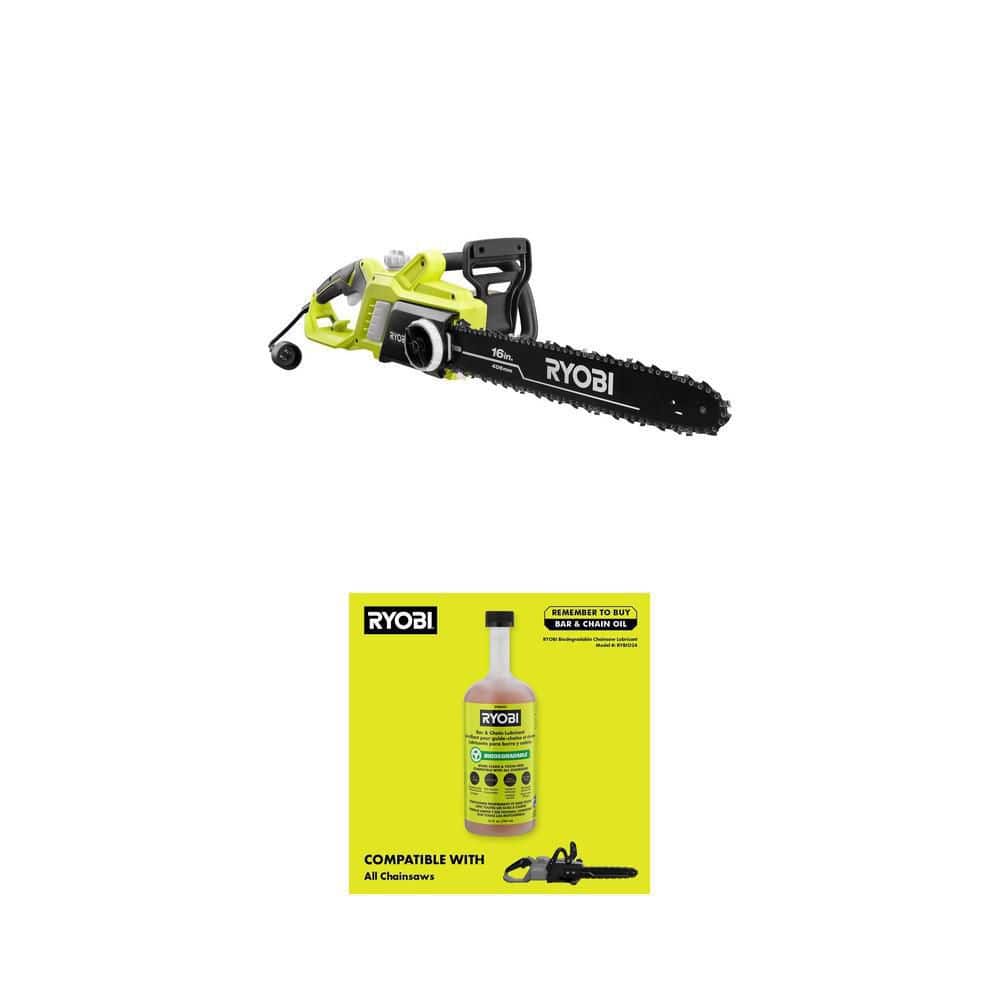 RYOBI 16 in. 13 Amp Electric Chainsaw and 24 oz. Biodegradable Bar and ...
