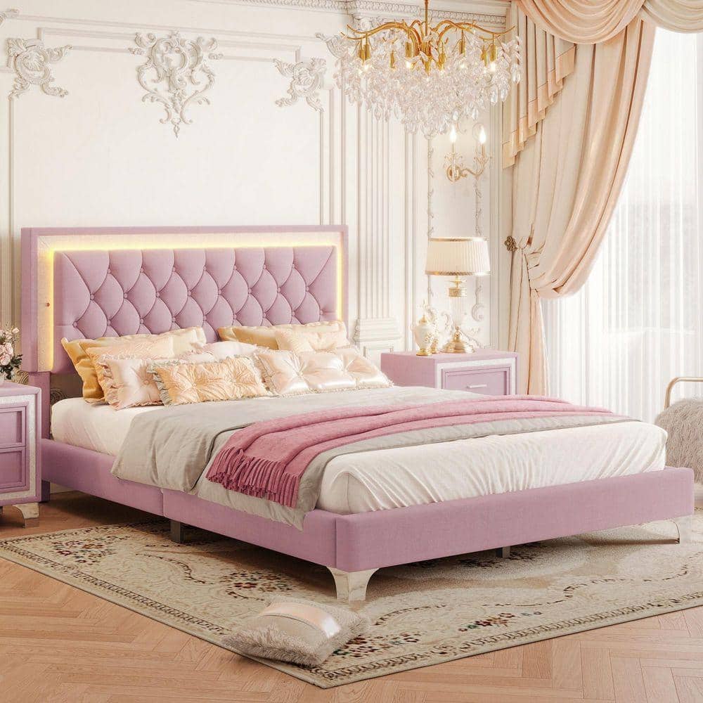 Nestfair Pink MDF Frame Queen Size Upholstered Platform Bed with LED ...