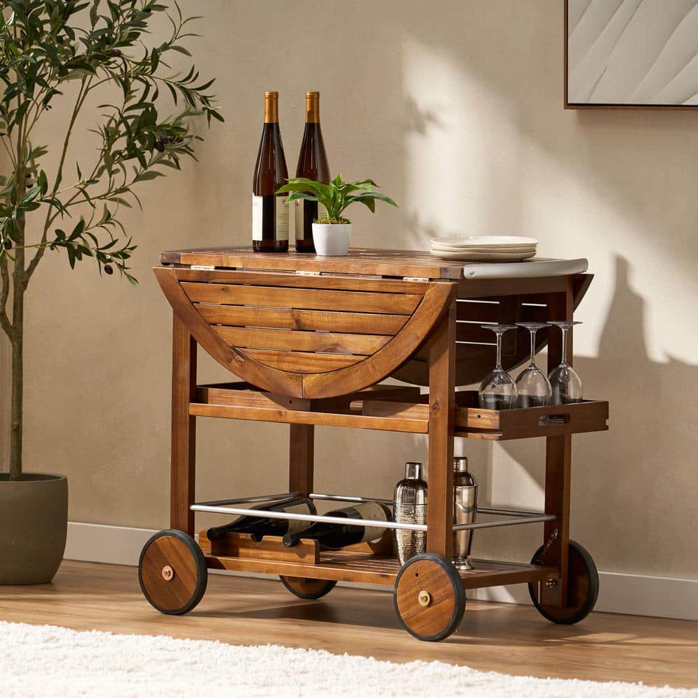 35.5 in. Wood Tillary Outdoor Aluminum Wood Drop Leaf Serving Cart Bar ...