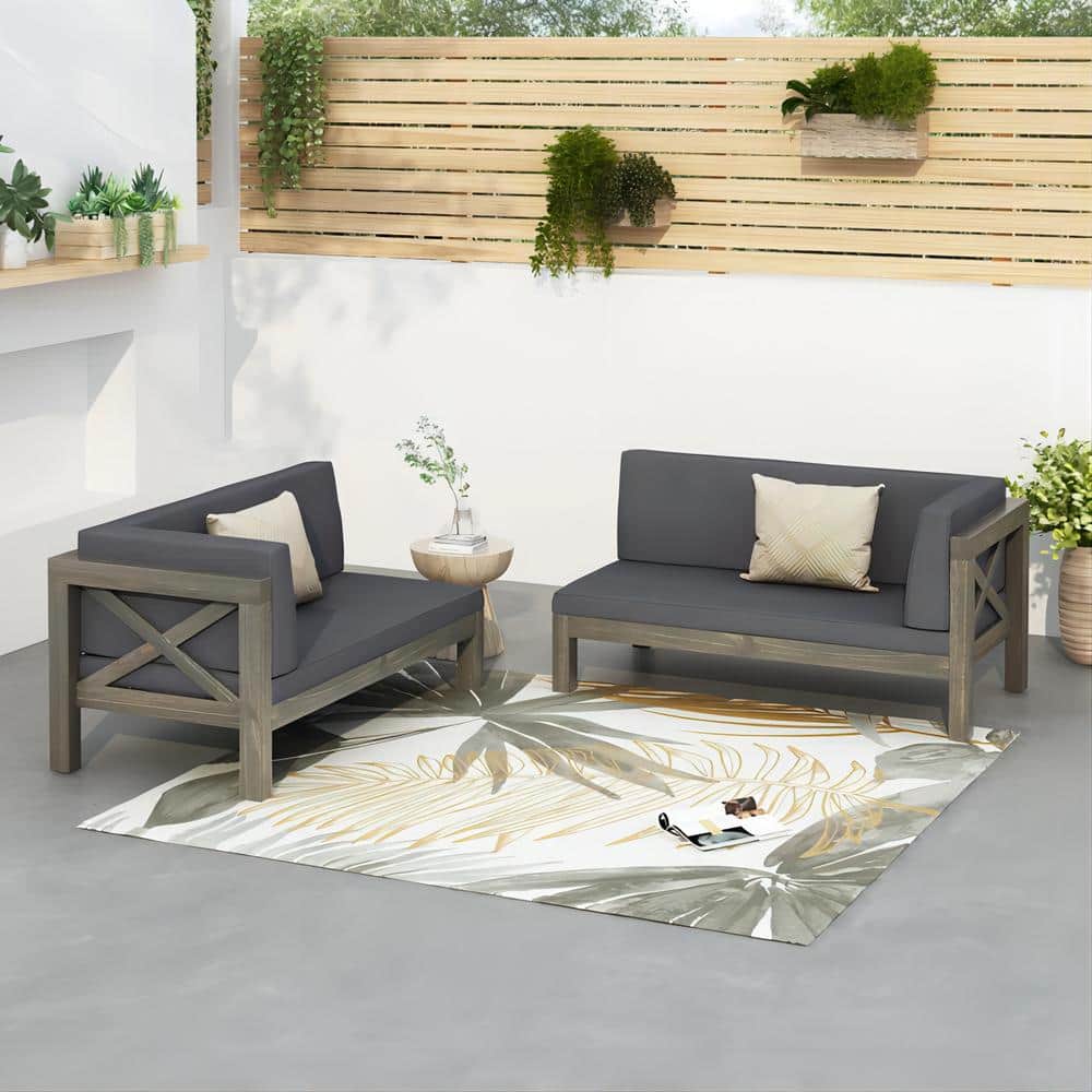 2-Piece Outdoor Wood Corner Bench with Water-Resistant Gray Cushion for ...