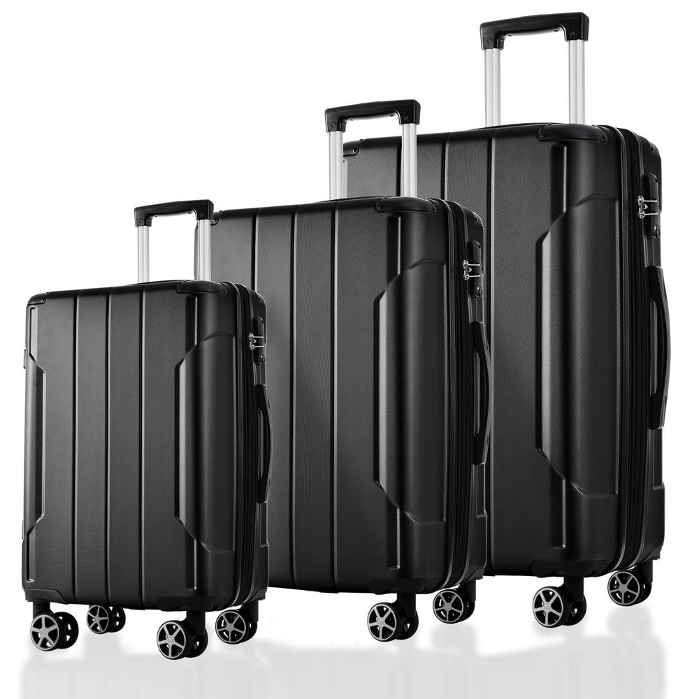 Polibi 3-Piece Black Expandable ABS Hardshell Luggage Set with TSA Lock ...