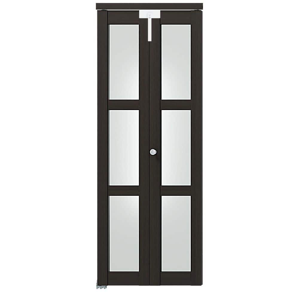 TENONER 30 in. x 80 in. 3-Lite Frosted Glass Solid Core Mocha PVC ...