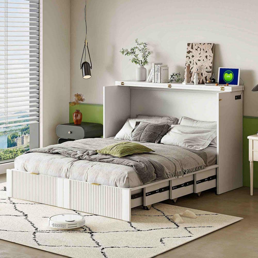 Polibi White Wood Frame Full Murphy Bed with Drawer and a Set of ...