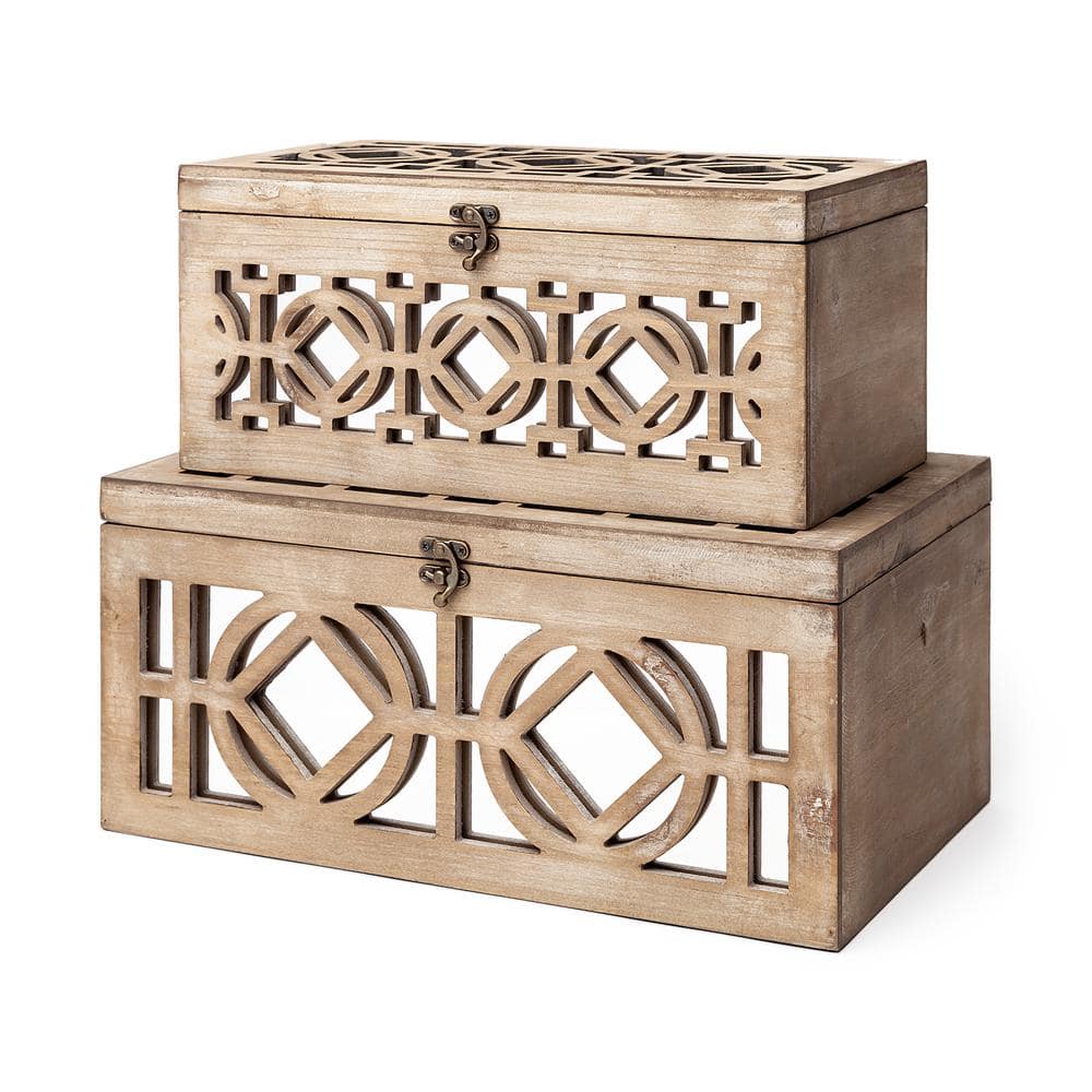 Mercana Estooki Set of 2 Natural Wood Mirrored Boxes 57584 - The Home Depot