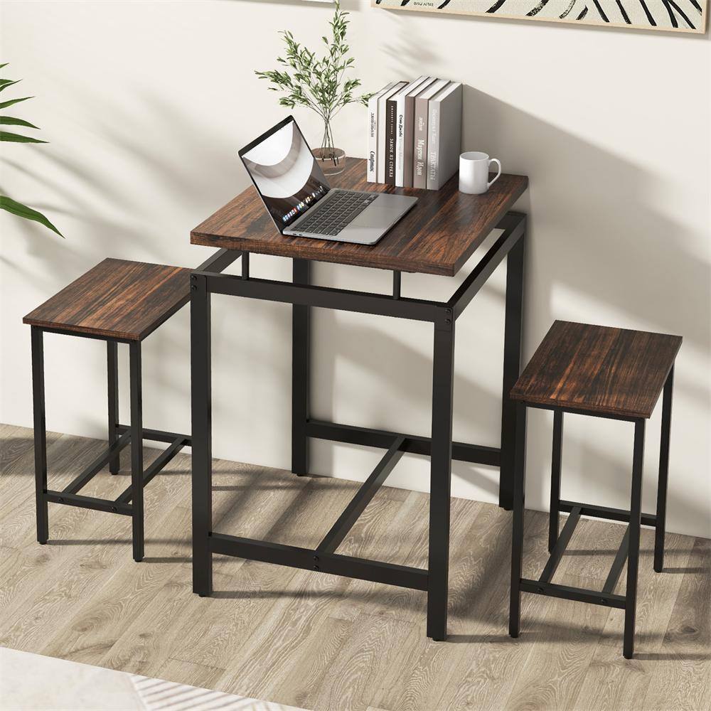 HONEY JOY 3-Piece Square Brown Wood Top Bar Table Set with Stools ...