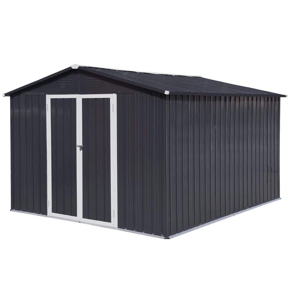 8 ft. W x 10 ft. D Dark Grey Metal Garden Storage Shed with Lockable Doors(80 sq. ft.) QIT-13K ...