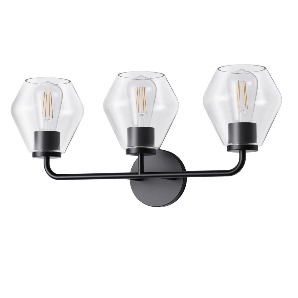 Briignite 22 in. 3-Light Matte Black Vanity Light with Clear Cone Glass ...