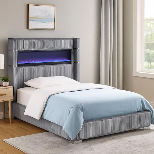 Benjara Caro Gray Corduroy Upholstery Wood Frame Queen Panel Bed with ...