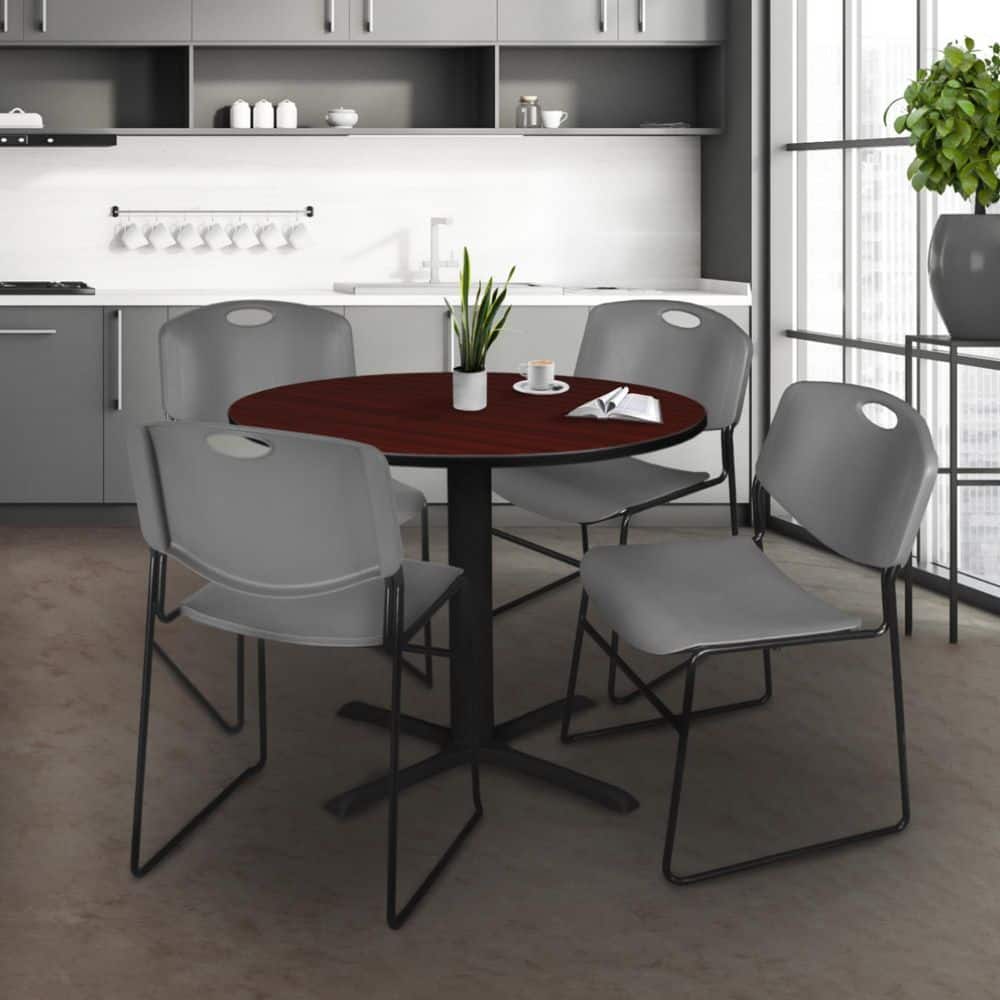 Regency Cain 36 in. Mahogany Round X-Base Breakroom Table Desk and 4 ...