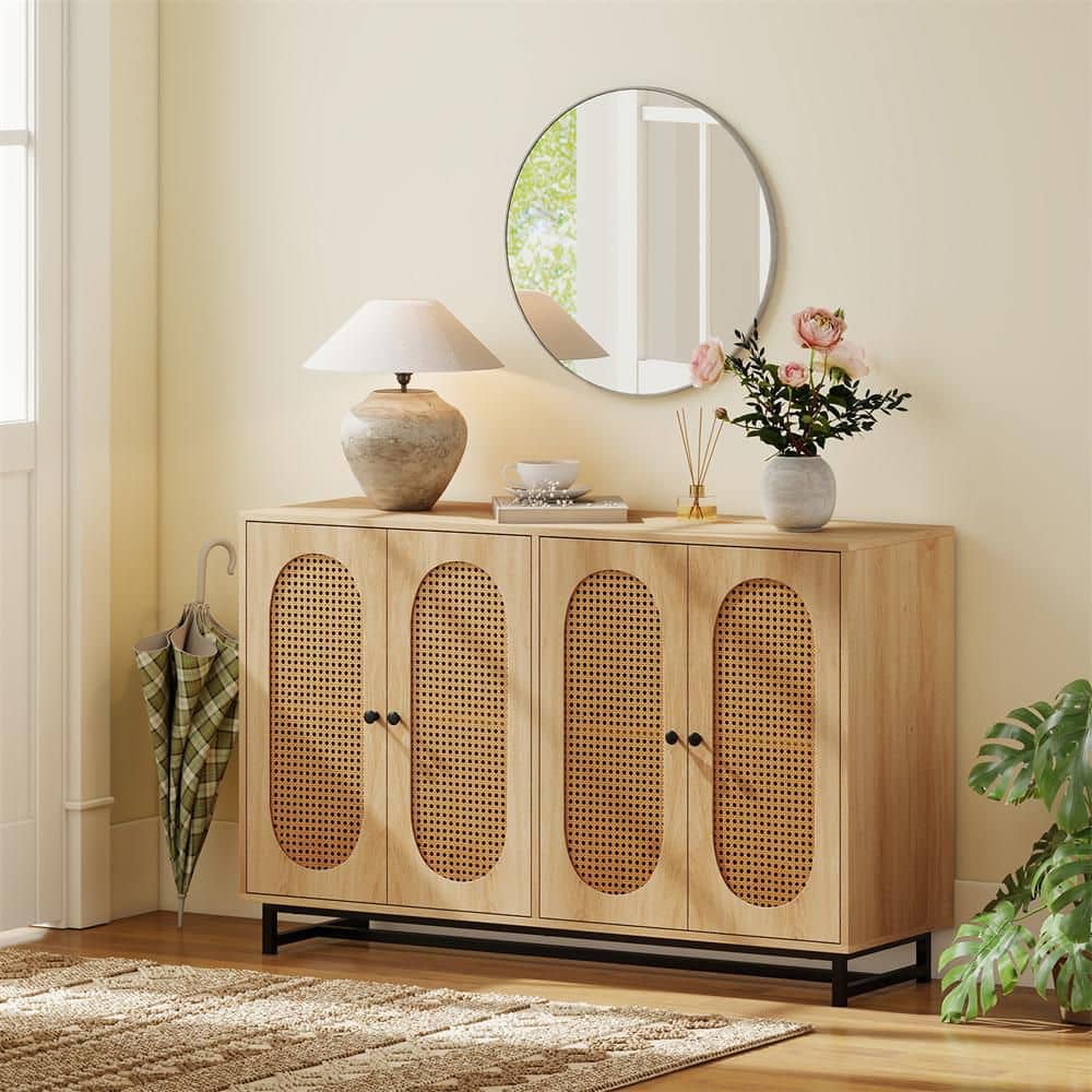 HONEY JOY Wood Natural Sideboard Buffet Cabinet 50 in. Rattan Coffee ...