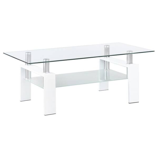 Coaster Dyer 48 in. White Rectangle Glass Top Coffee Table with Shelf ...