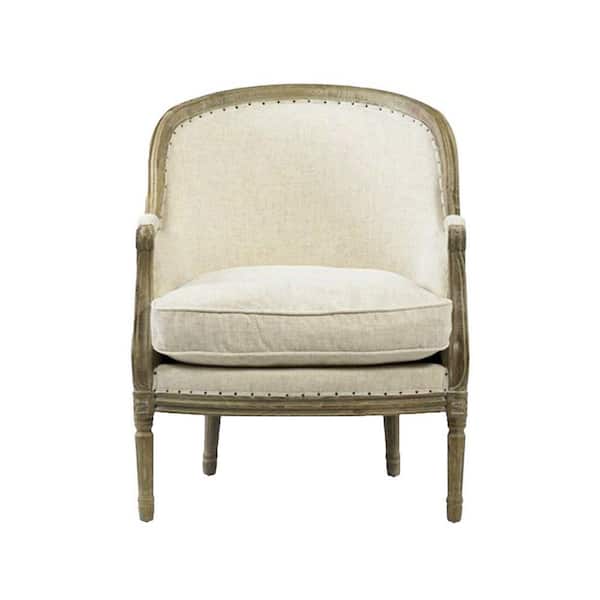 Benjara Cream and Brown Linen Fabric Accent Chair with Hand Carved Wood ...