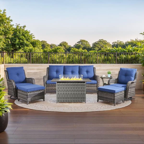 Gymojoy Carolina 7-Piece Outdoor Patio Furniture Set, Gray Wicker Fire ...