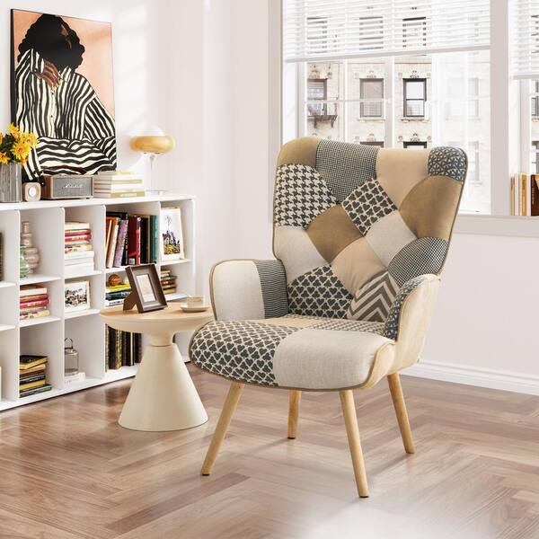 Grey Fabric Upholstered Accent Chair Wingback Armchair with Solid Wood Legs