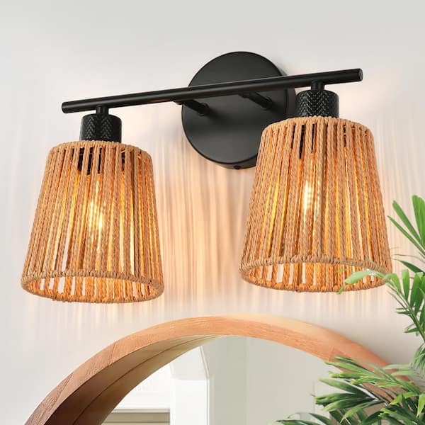 Henveton Nafissa 14.96 in. 2 Light Brown Boho Vanity Light with Rattan ...