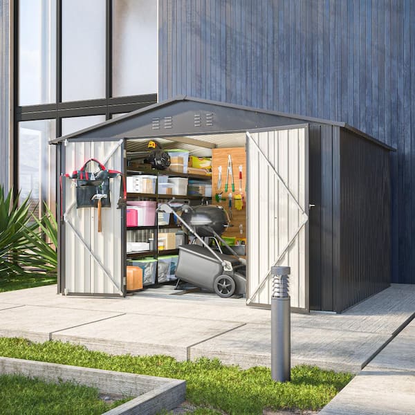 10 ft. W x 8 ft. D Outdoor Storage Metal Shed with Foundation Lockable ...