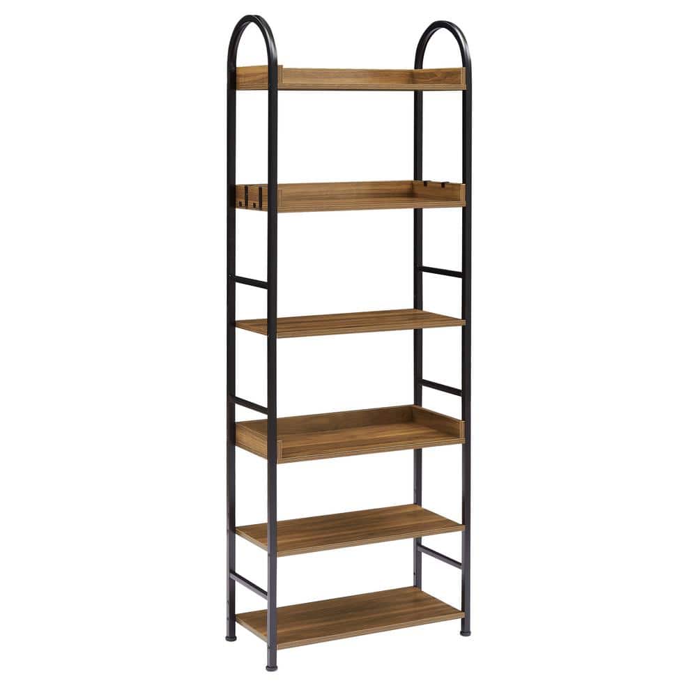 Brown Mid Century 24.8 in. Wide Tall Bookcase 6-tier Shelves Metal ...