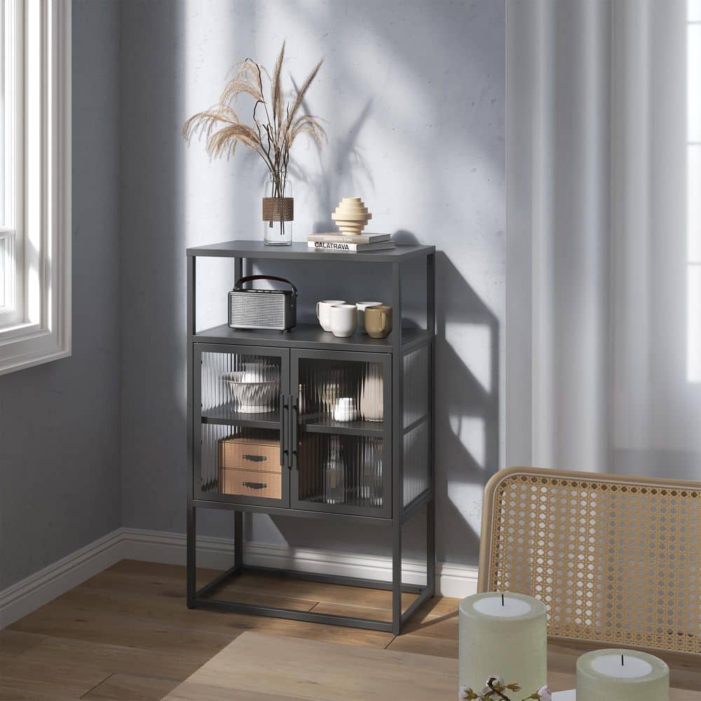 Glamour Home Benvolio 41.34 in. Tall Black Steel 3-Shelf 2-Door Storage ...