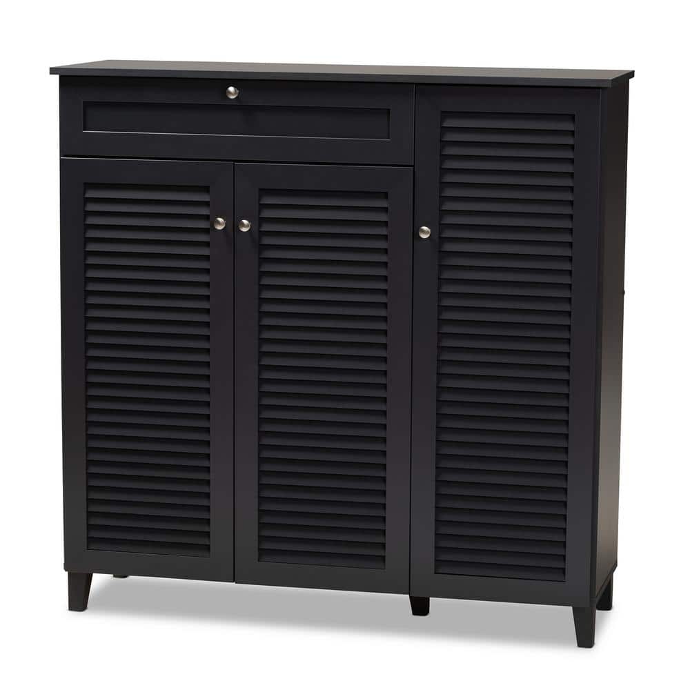 Coolidge Dark Grey 11 Shelf Wood Shoe Storage Cabinet with Drawer Baxton Studio