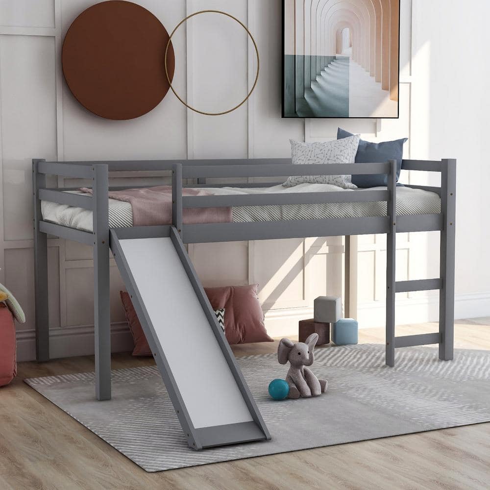 HomeRoots Charlie Gray Twin Loft Bed with Slide 44 in. H x 78 in. W x ...