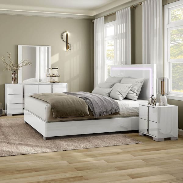 Furniture of America Mesala 4-Piece Contemporary Glossy White Wood King ...