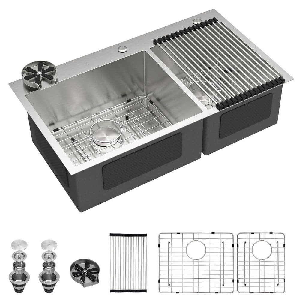 Dcolora 33"x19" Double Bowl 60/40 Split Kitchen Sink, 16 Gauge ...