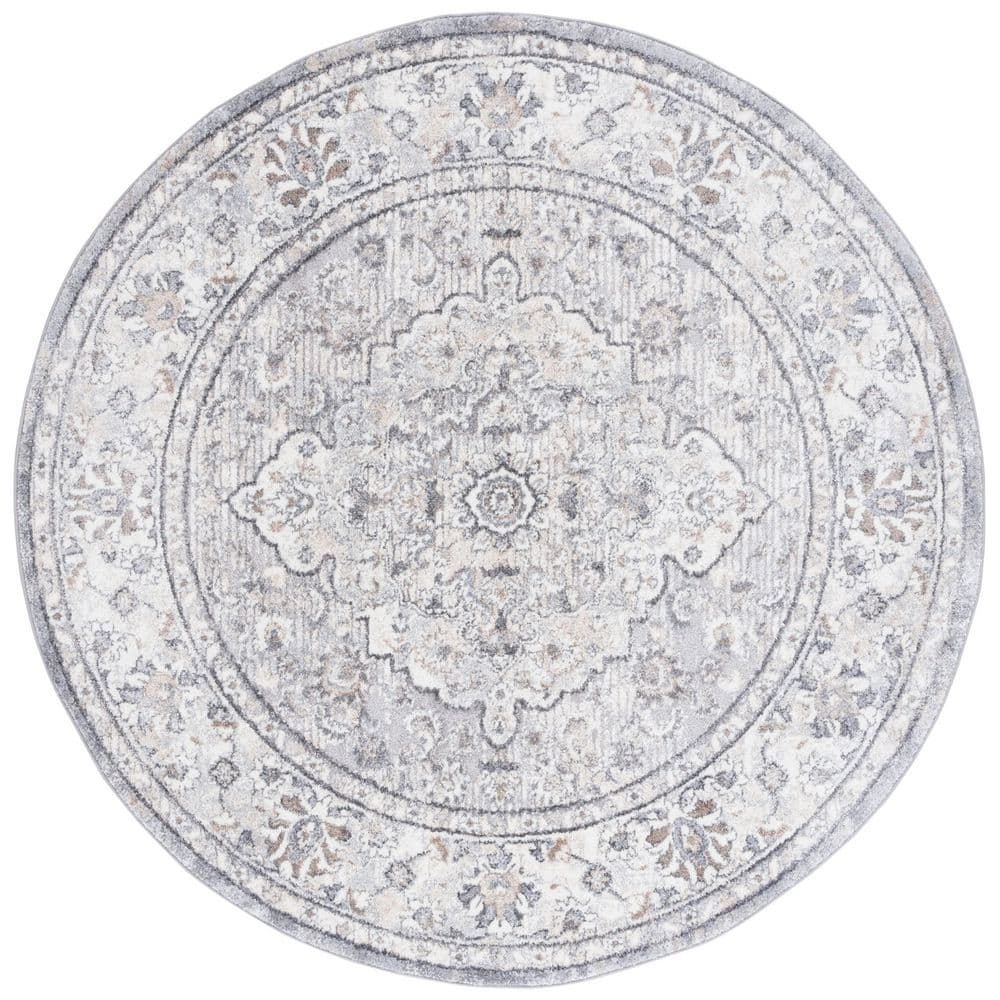 SAFAVIEH Opal 7 ft. x 7 ft. Gray/Ivory Floral Distressed Border Round ...