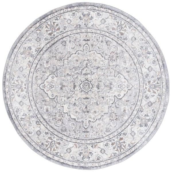 SAFAVIEH Opal 7 ft. x 7 ft. Gray/Ivory Floral Distressed Border Round ...