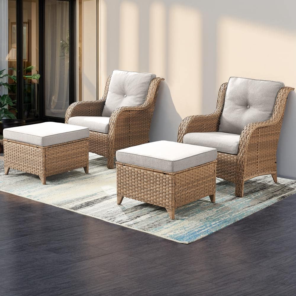 moosprr Arcline 4-Piece Patio Yellow Wicker Outdoor Chat Sets with ...